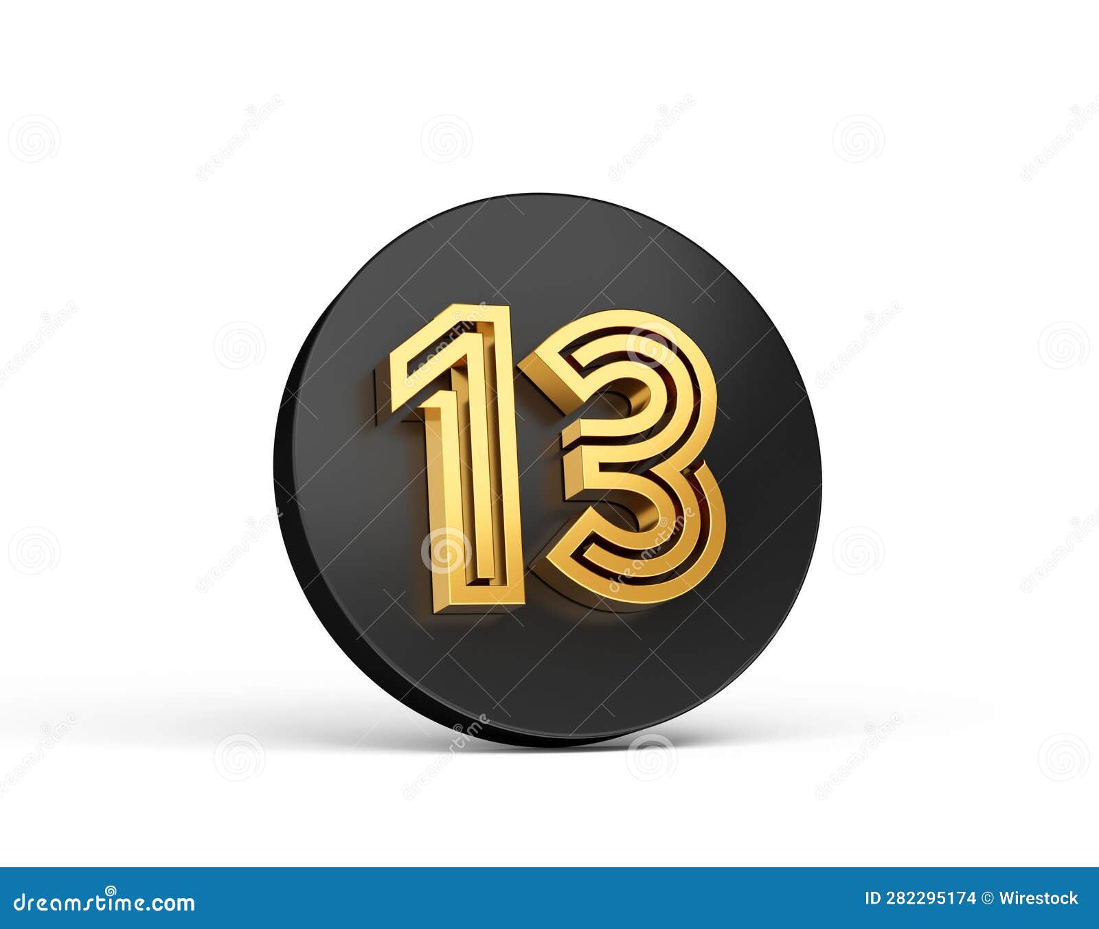 3D Rendering of a Black and Gold Button with the Number Thirteen. Stock ...