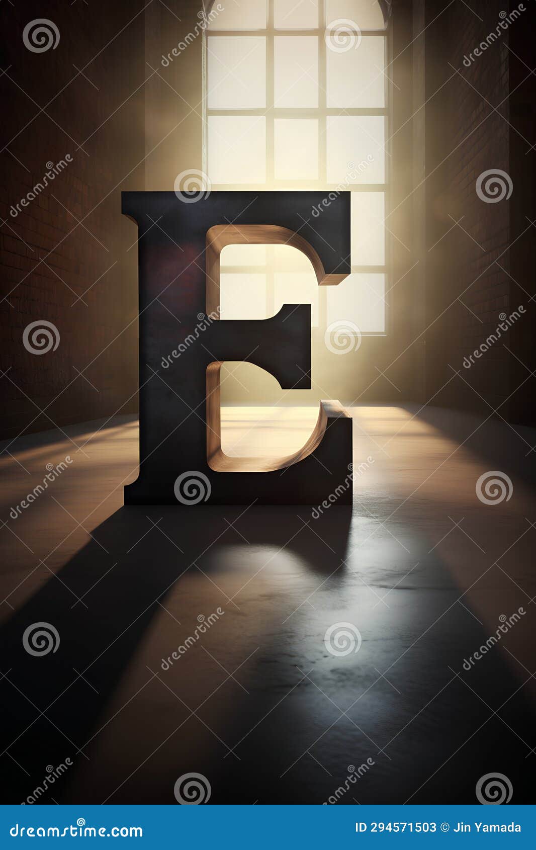 3d Rendering of a Black Letter E in a Dark Room Lit by Sunlight Stock ...