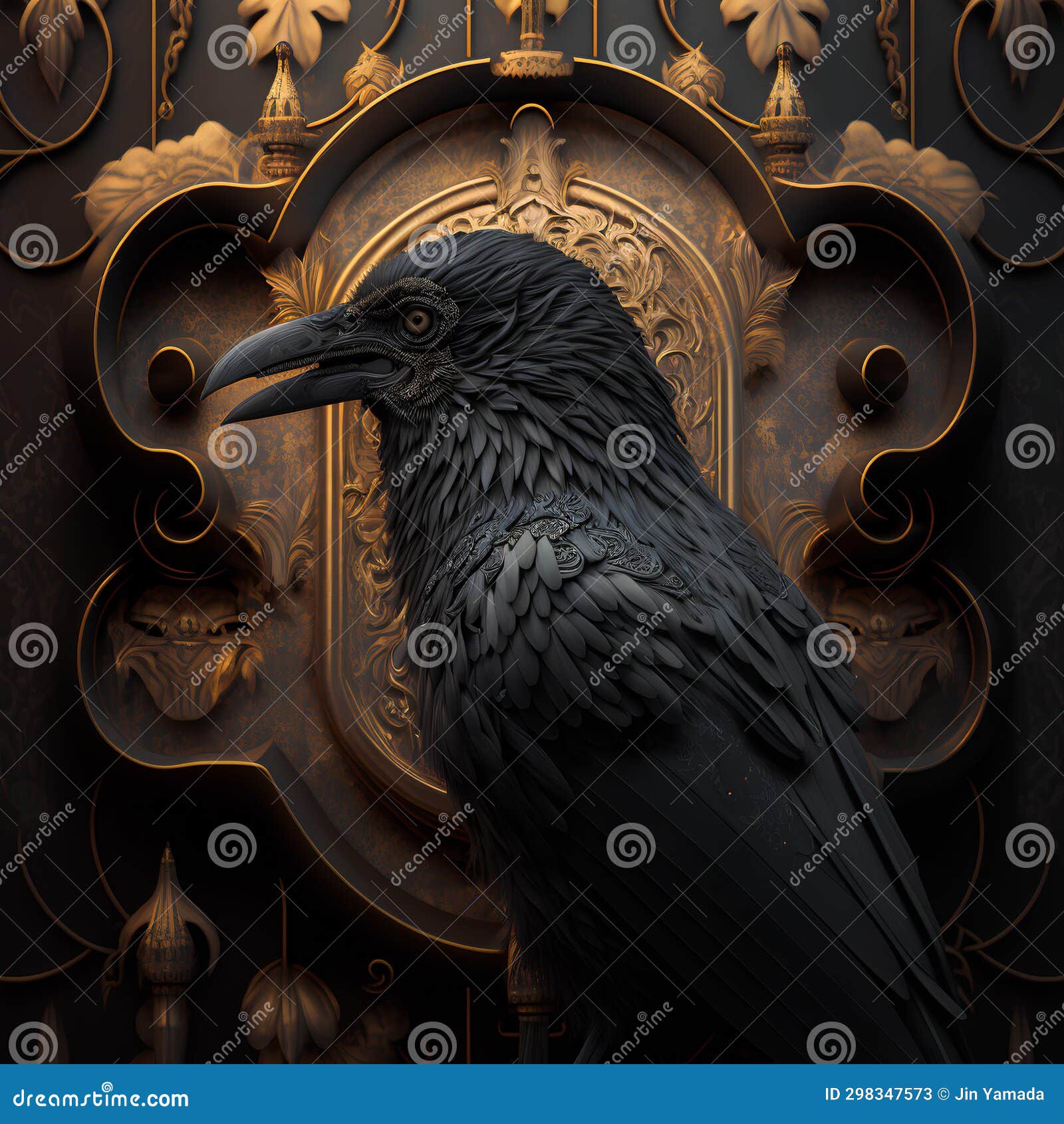 3D Rendering of a Black Raven on a Dark Background with a Gold Frame ...
