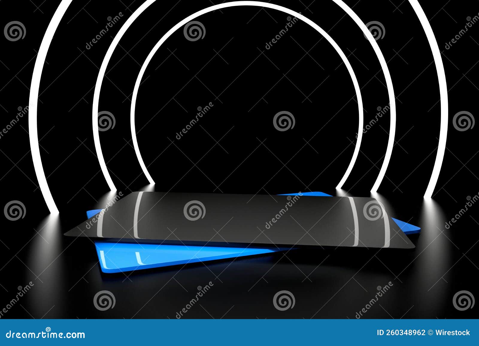 3D Rendering of a Black Reflective Stage with Blue and White Lights ...