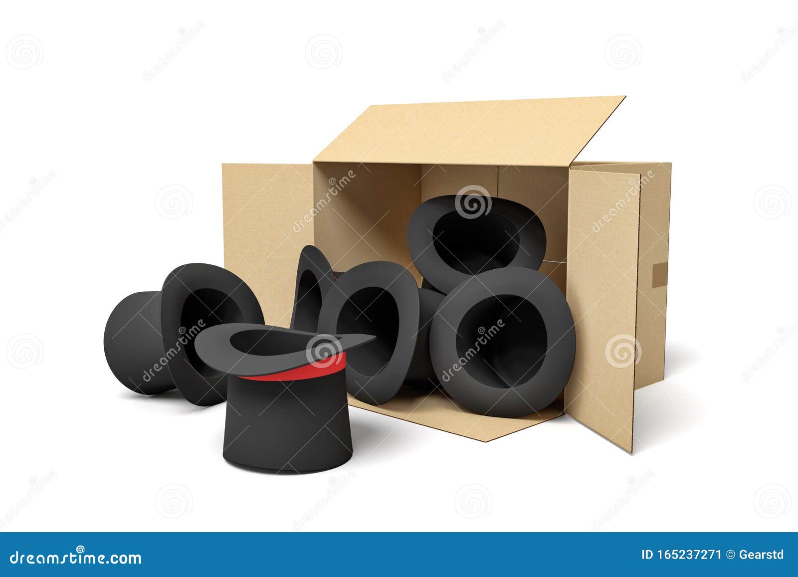 3d Rendering of Black Top Hats Falling Out of a Carton Box Stock ...