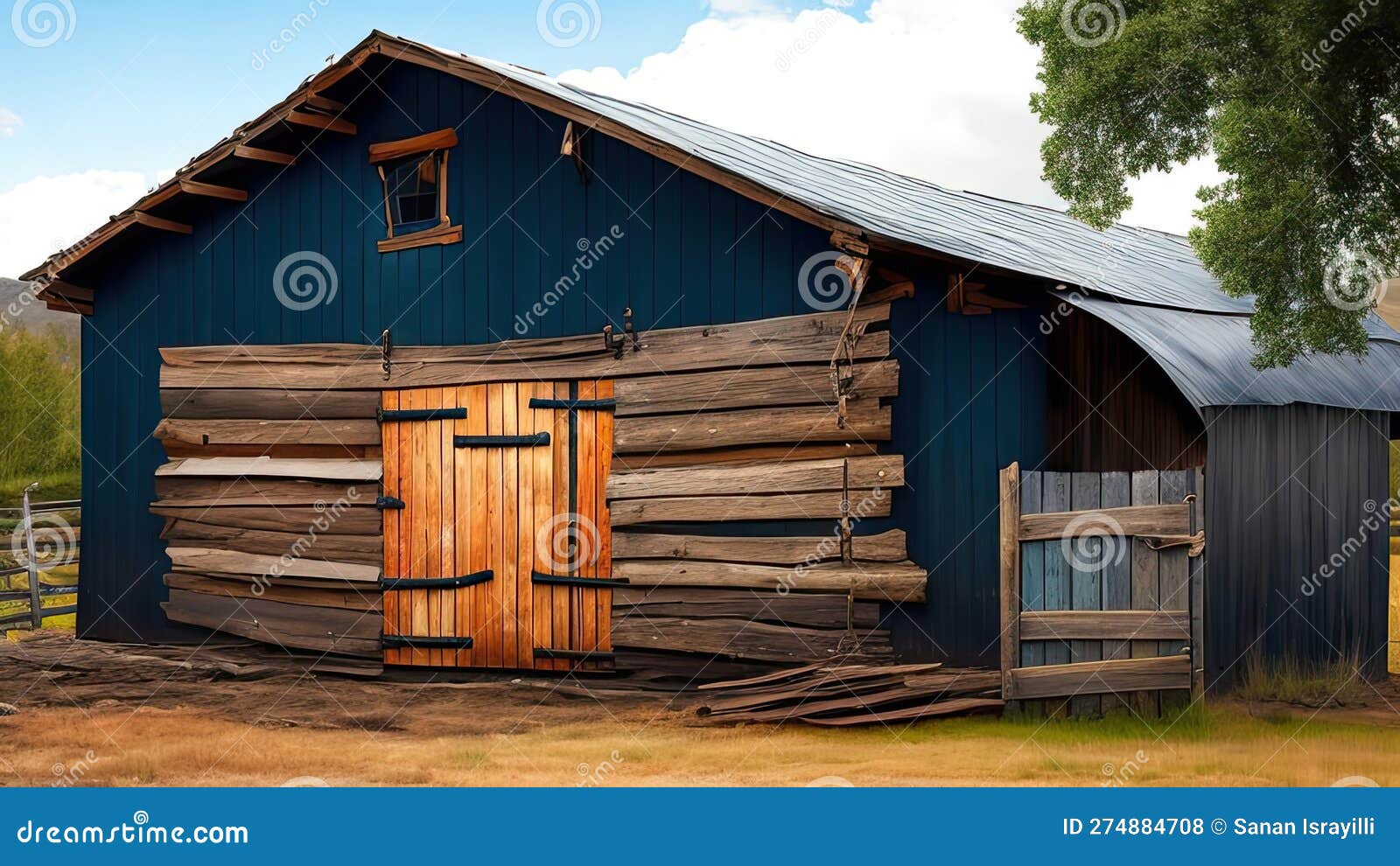 3d Rendering of a Blue Barn with Wooden Door and Barns Stock ...