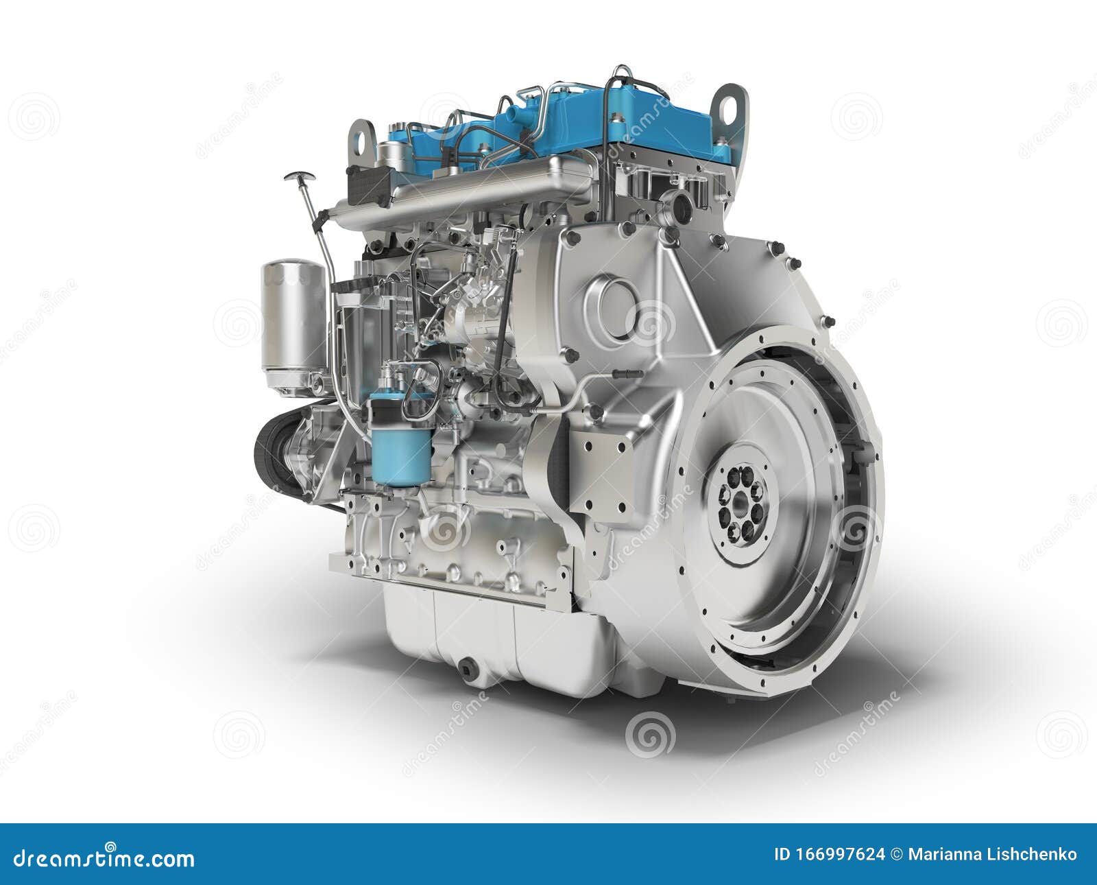 3D Rendering of Blue Diesel Engine for Car Assembly on White Background ...