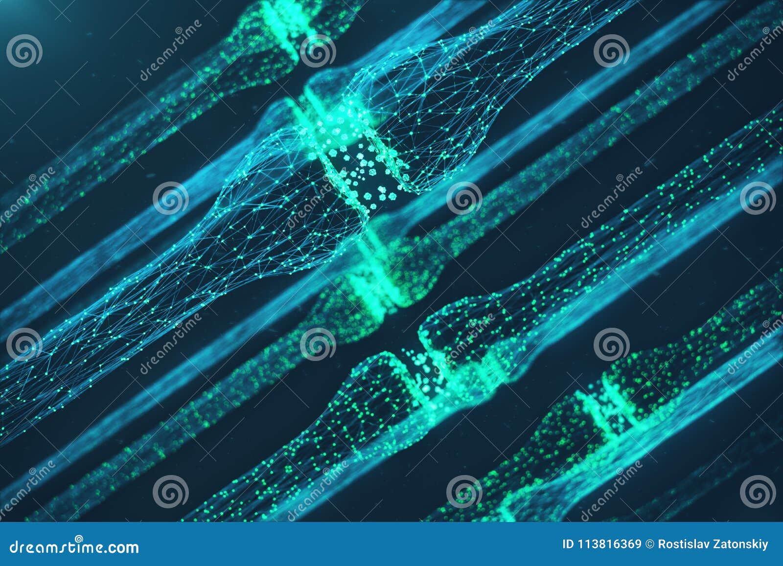 3D Rendering Blue Glowing Synapse. Artificial Neuron in Concept of ...