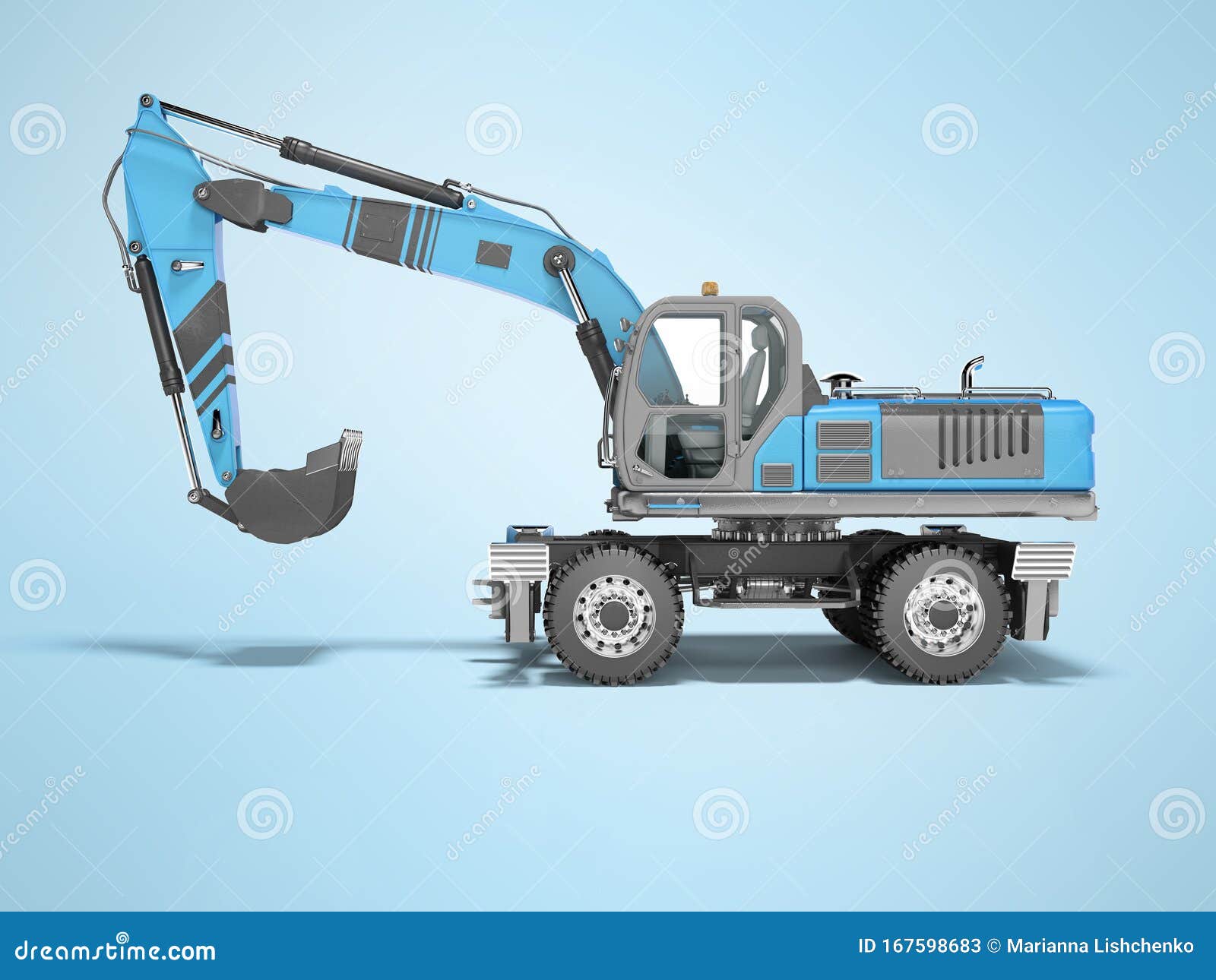 Blue Hydraulic Wheeled Excavator Perspective View 3D Rendering On Blue ...
