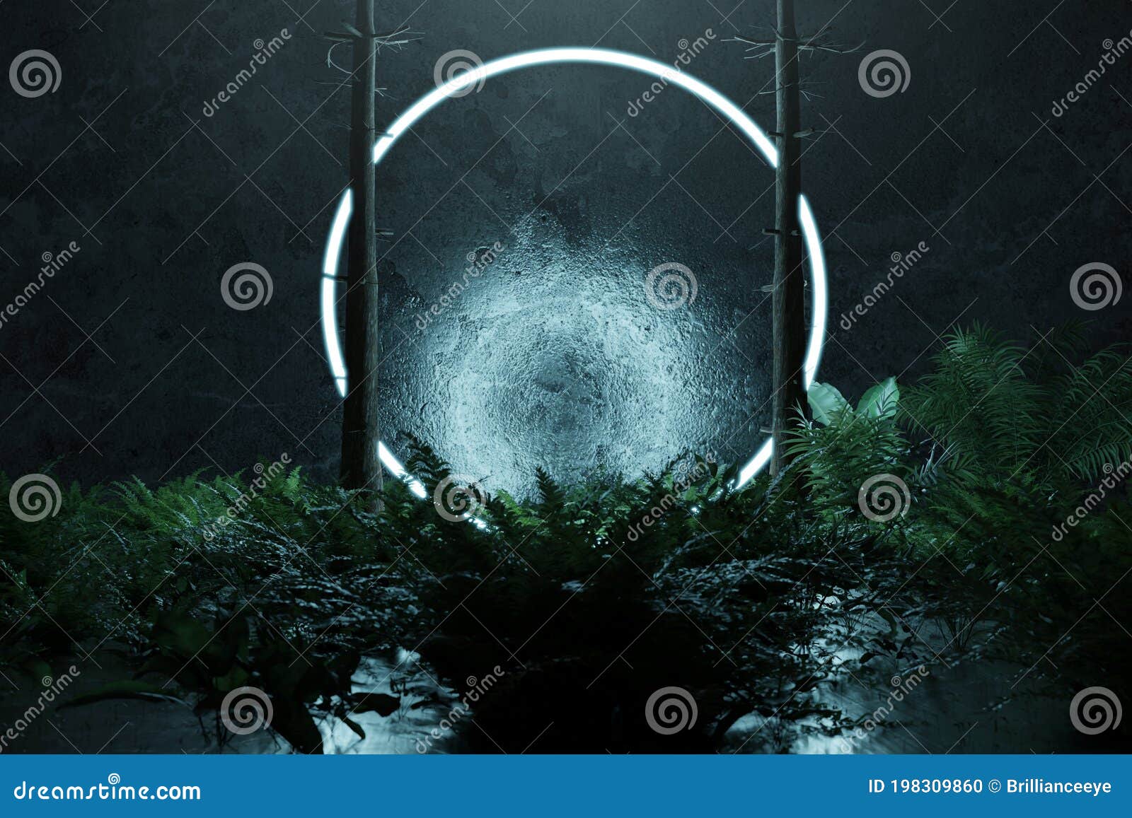 3d Rendering of Blue Lighten Circle Shape Surrounded by Fern and Pine ...