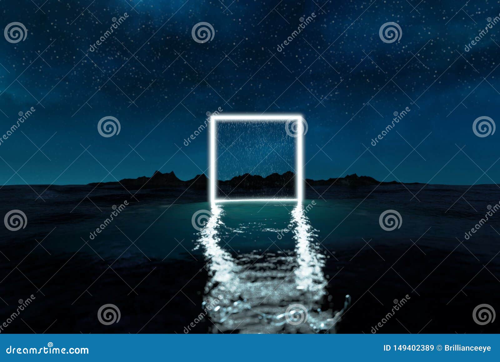 3d Rendering of Blue Lighten Square Shape on Water at Night Stock ...