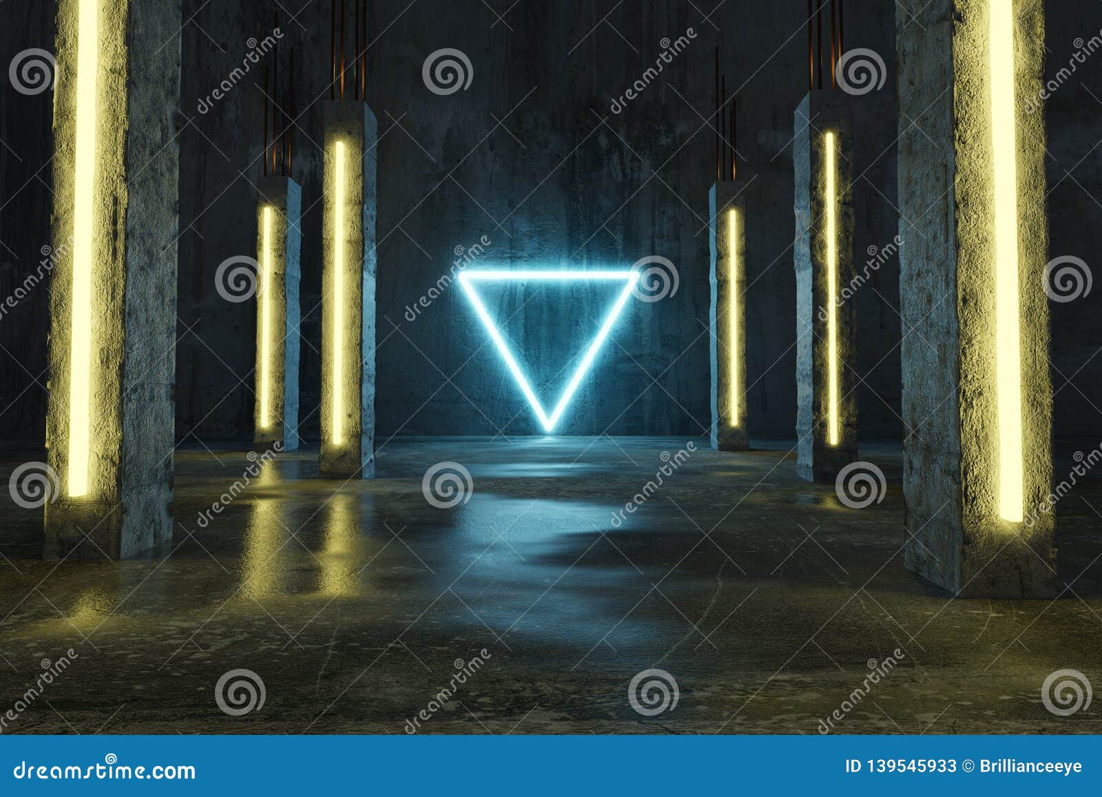 3d Rendering of Blue Lighten Triangle Shape Next by Concrete Pillars ...
