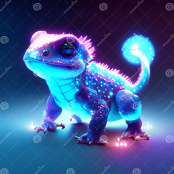 3d Rendering of a Blue Lizard in Neon Light on a Dark Background ...