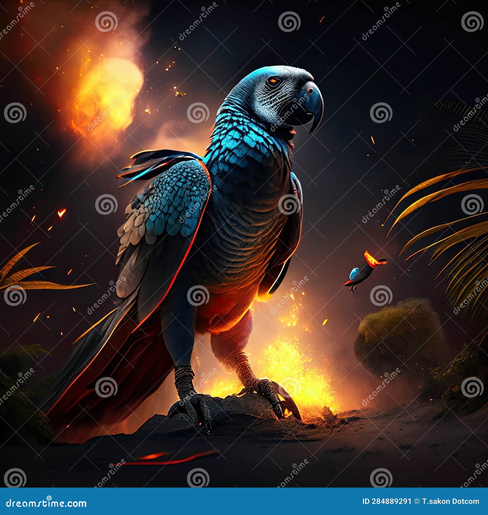 3d Rendering of a Blue Parrot with Fire in the Background Generative AI ...