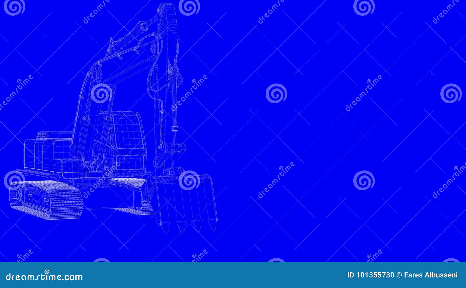 3d Rendering of a Blue Print Digger in White Lines on a Blue Background ...