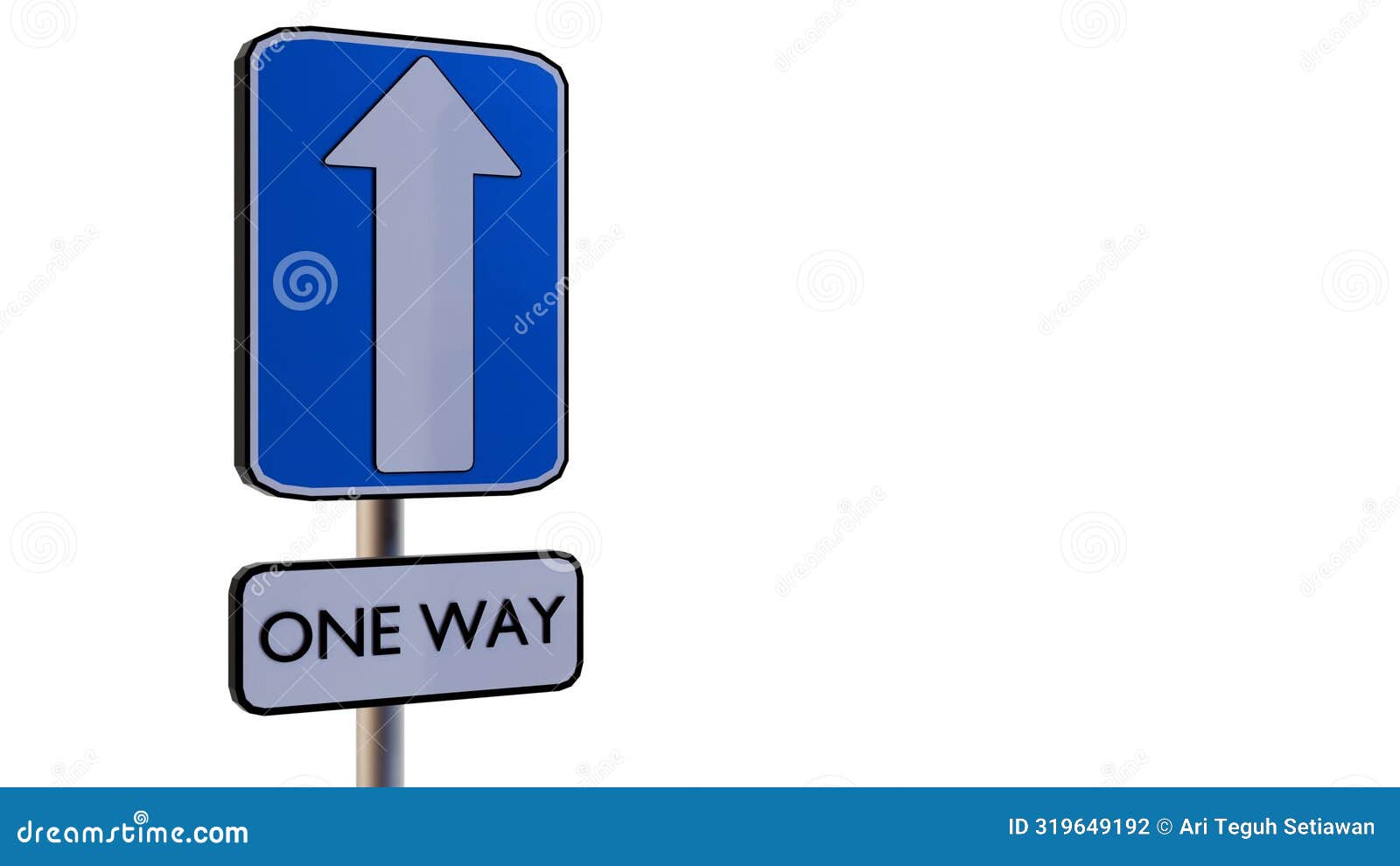 A Blue Rectangular Traffic Sign with a White Arrow with Words "ONE WAY ...