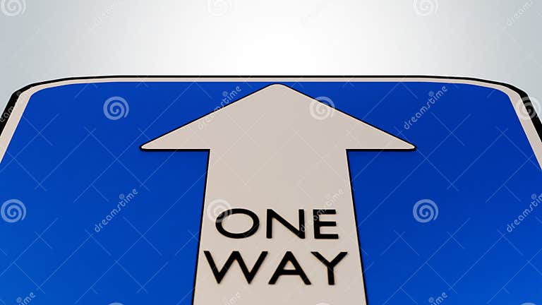 A Blue Rectangular Traffic Sign with a White Arrow with Words "ONE WAY ...