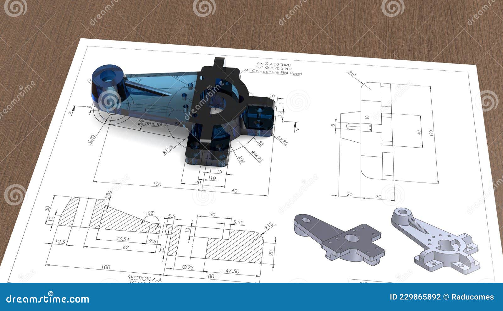 3D Rendering - Blue Transparent Part Over 2D Drawing Stock Illustration ...