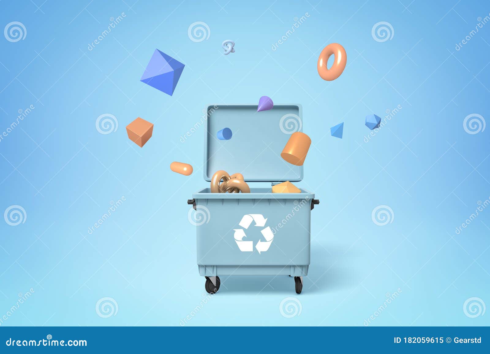 3d Rendering of Blue Trash Can with Chasing Arrows, Lid Open and ...