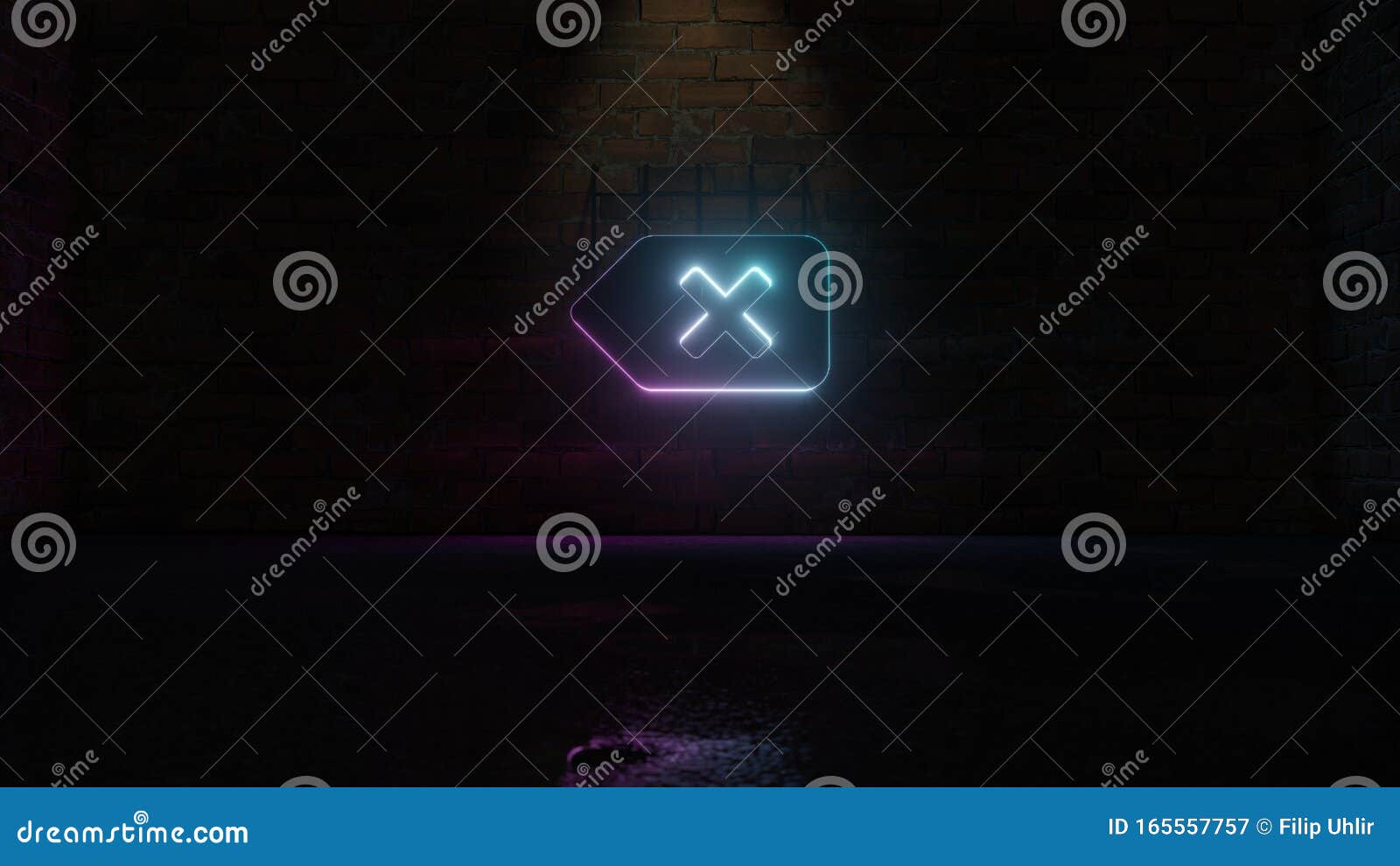3D Rendering of Blue Violet Neon Symbol of Backspace Icon on Brick Wall ...
