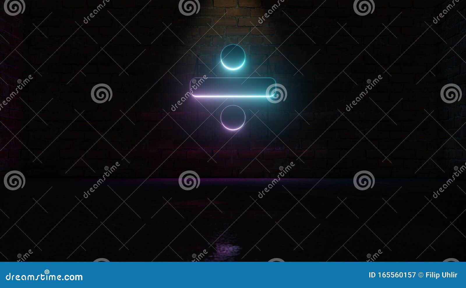 3D Rendering of Blue Violet Neon Symbol of Divide Icon on Brick Wall ...