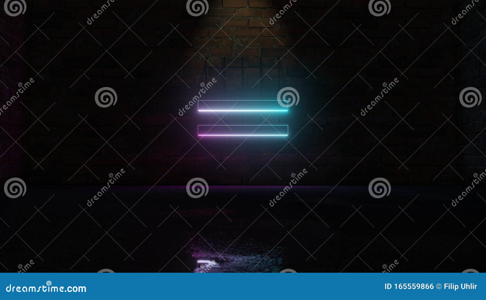 3D Rendering of Blue Violet Neon Symbol of Equal Icon on Brick Wall ...
