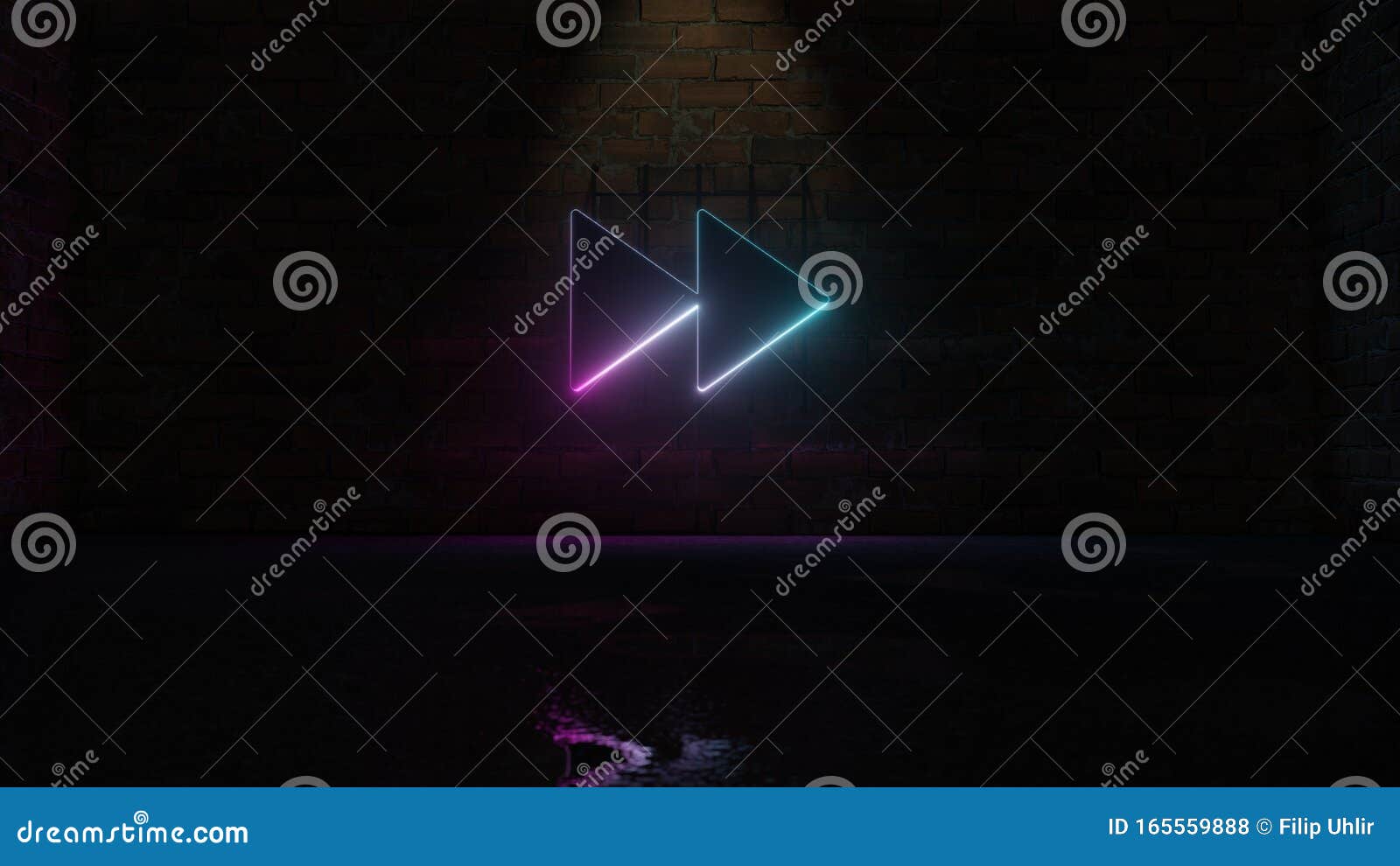 3D Rendering of Blue Violet Neon Symbol of Fast Forward Icon on Brick ...