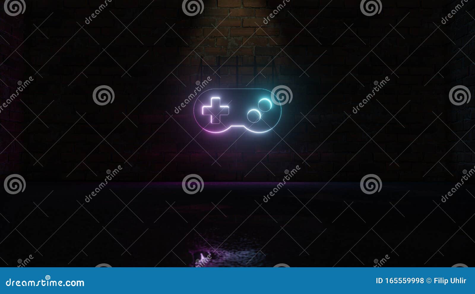 3D Rendering of Blue Violet Neon Symbol of Gamepad Icon on Brick Wall ...