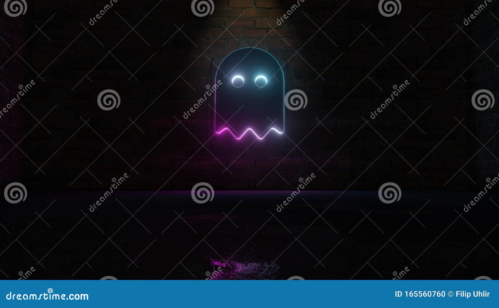 3D Rendering of Blue Violet Neon Symbol of Ghost Icon on Brick Wall ...