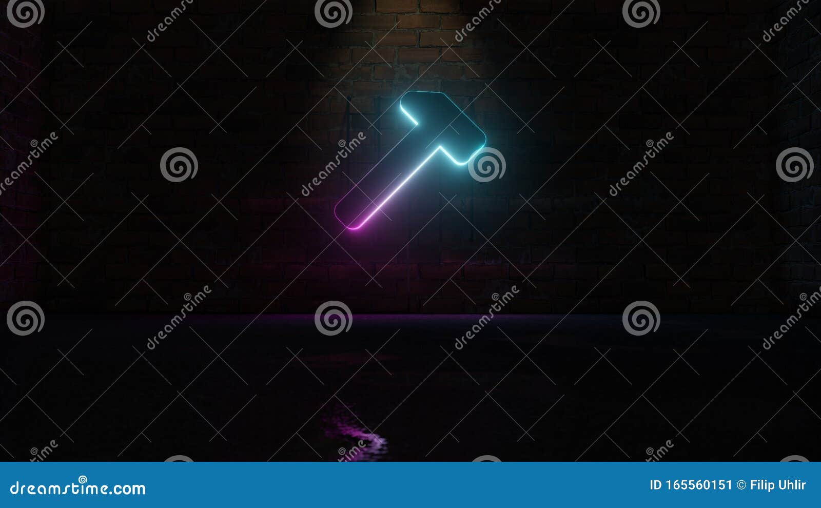 3D Rendering of Blue Violet Neon Symbol of Hammer Icon on Brick Wall ...