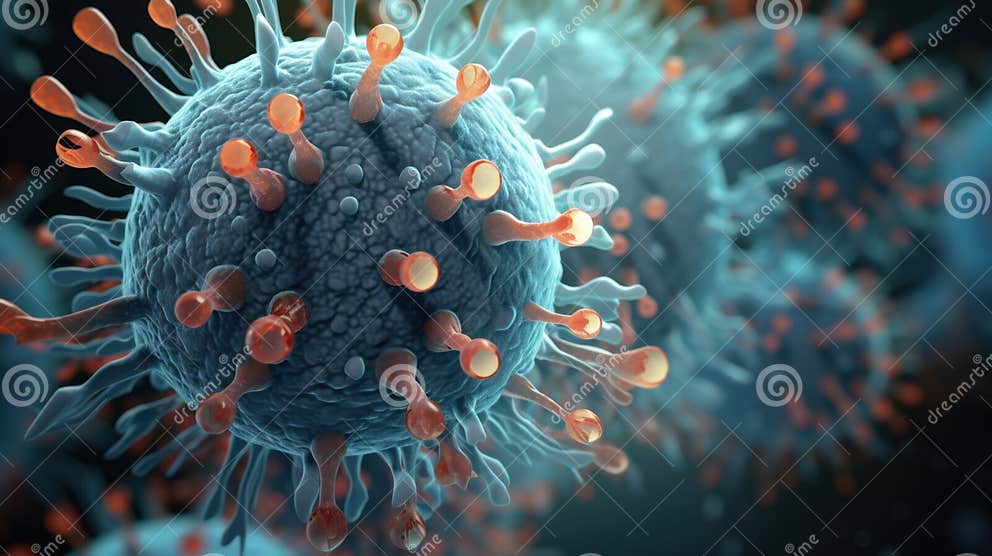3D Rendering of a Blue Virus Cell with Spiky Outer Shell on a Blue ...