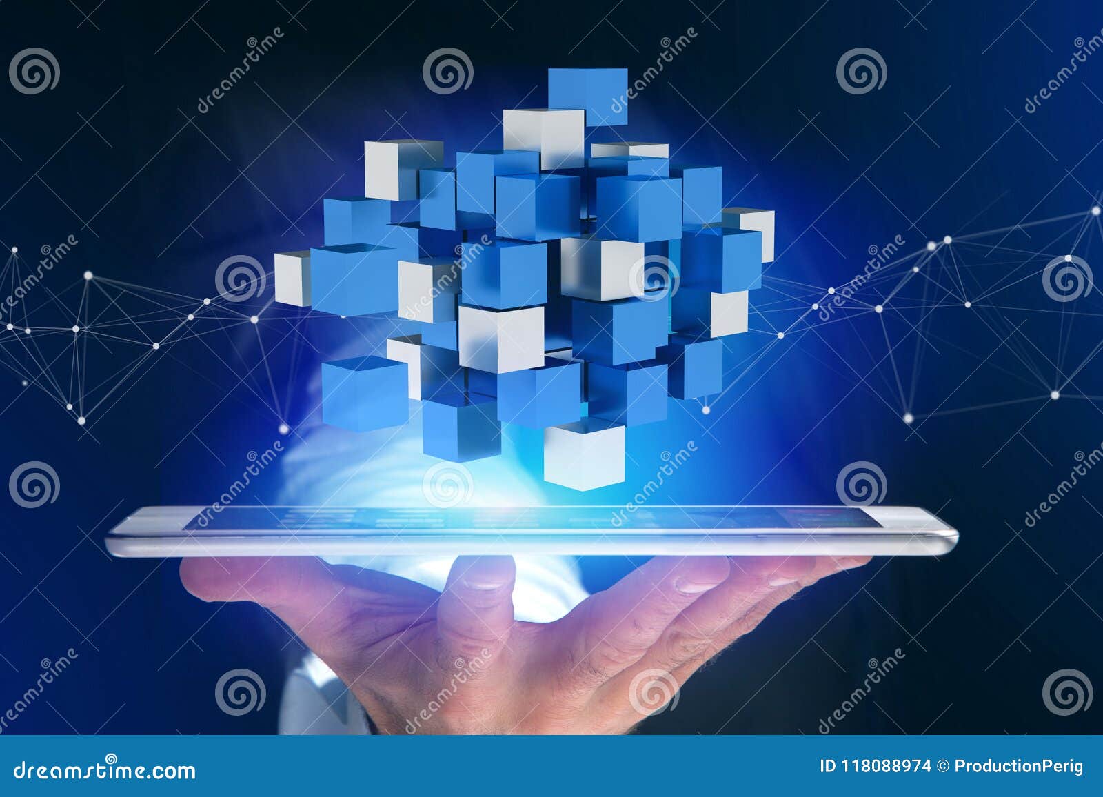 3d Rendering Blue and White Cube on a Futuristic Interface Stock Photo ...