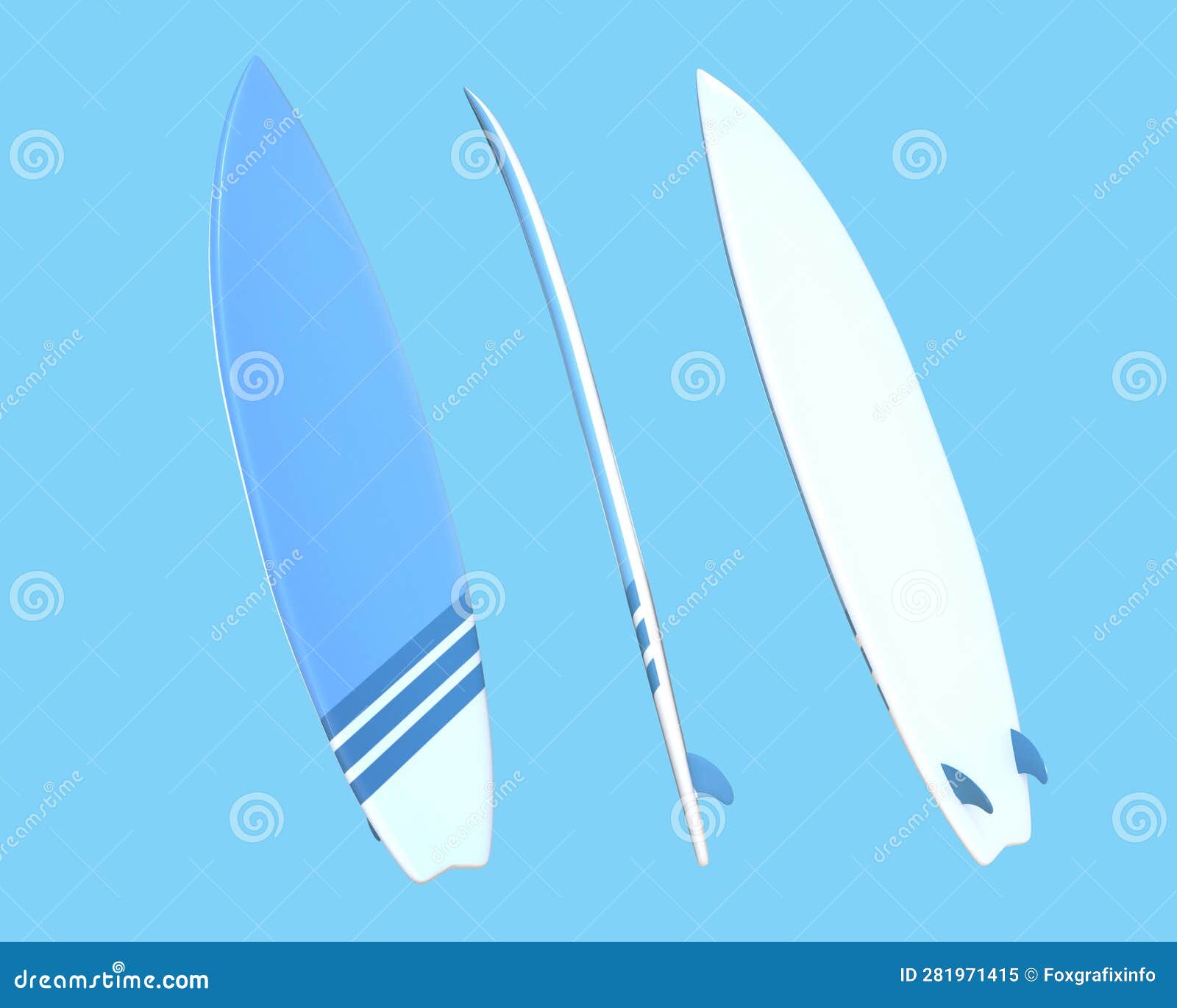 3D Rendering Blue and White Surfboard Front, Side and Back View ...