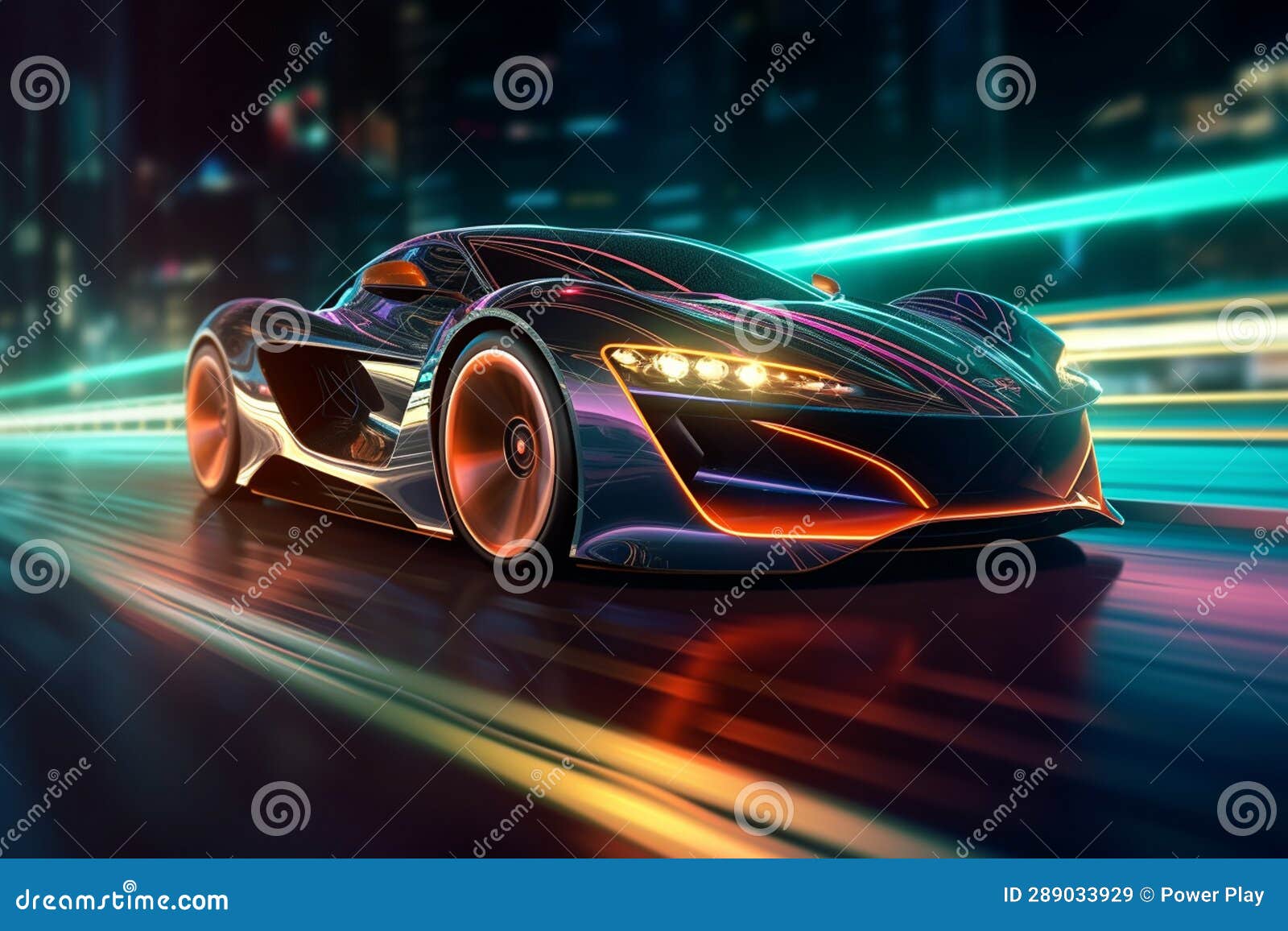 3D Rendering of a Brand-less Generic Concept Car in Neon Light Stock ...
