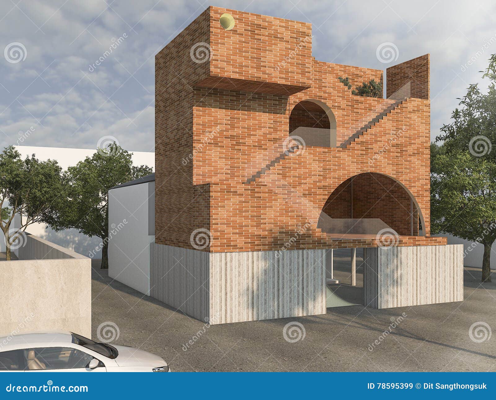 3d Rendering Brick Design Box Building with Tree Surrounding Stock ...