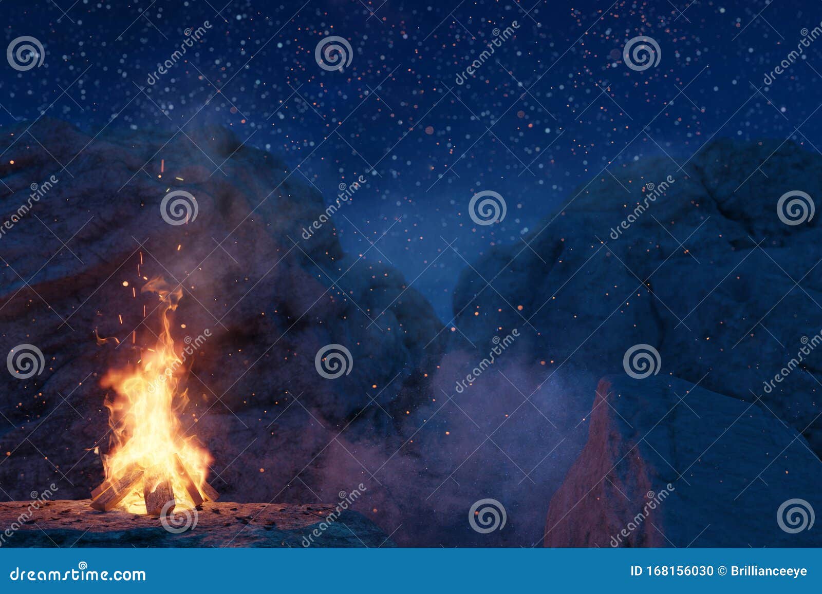 3d Rendering of Bright Bonfire at Rocky Environment in the Middle of ...