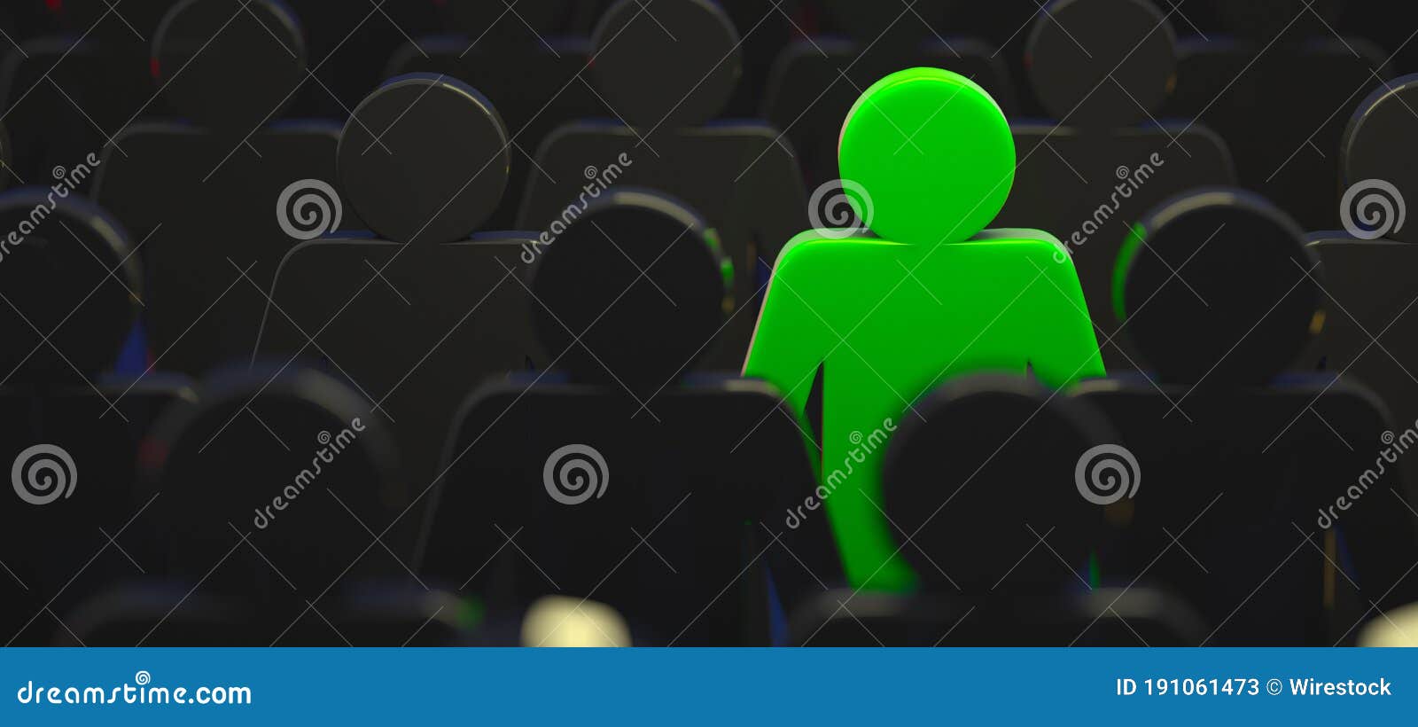 3D Rendering of a Bright Green Person in a Crowd of Black Characters ...