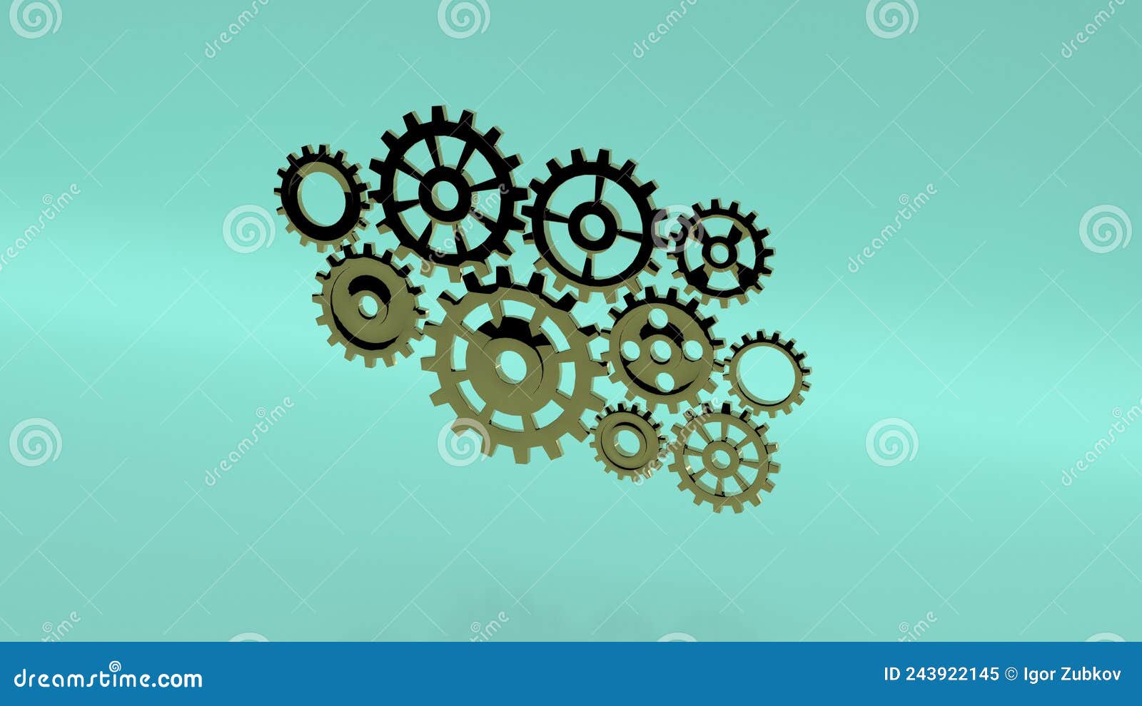 3D Rendering. Bronze Clock Gears on a Turquoise Background Stock ...
