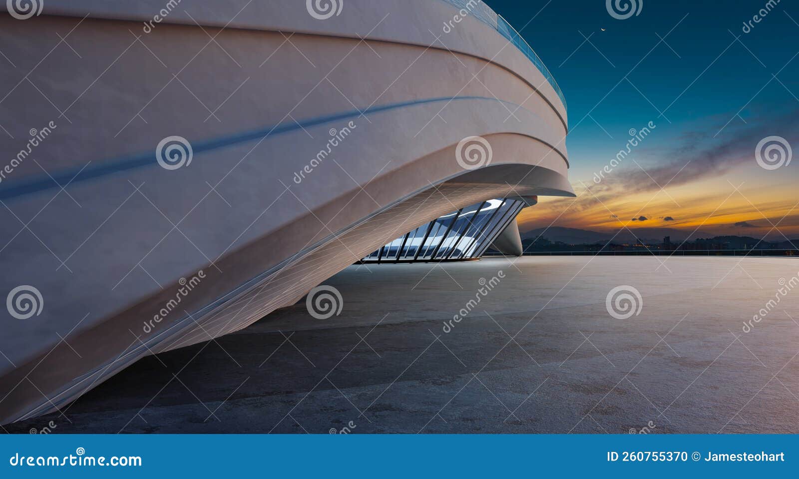 3D Rendering Building Exterior with Futuristic Streamlined Design Stock ...