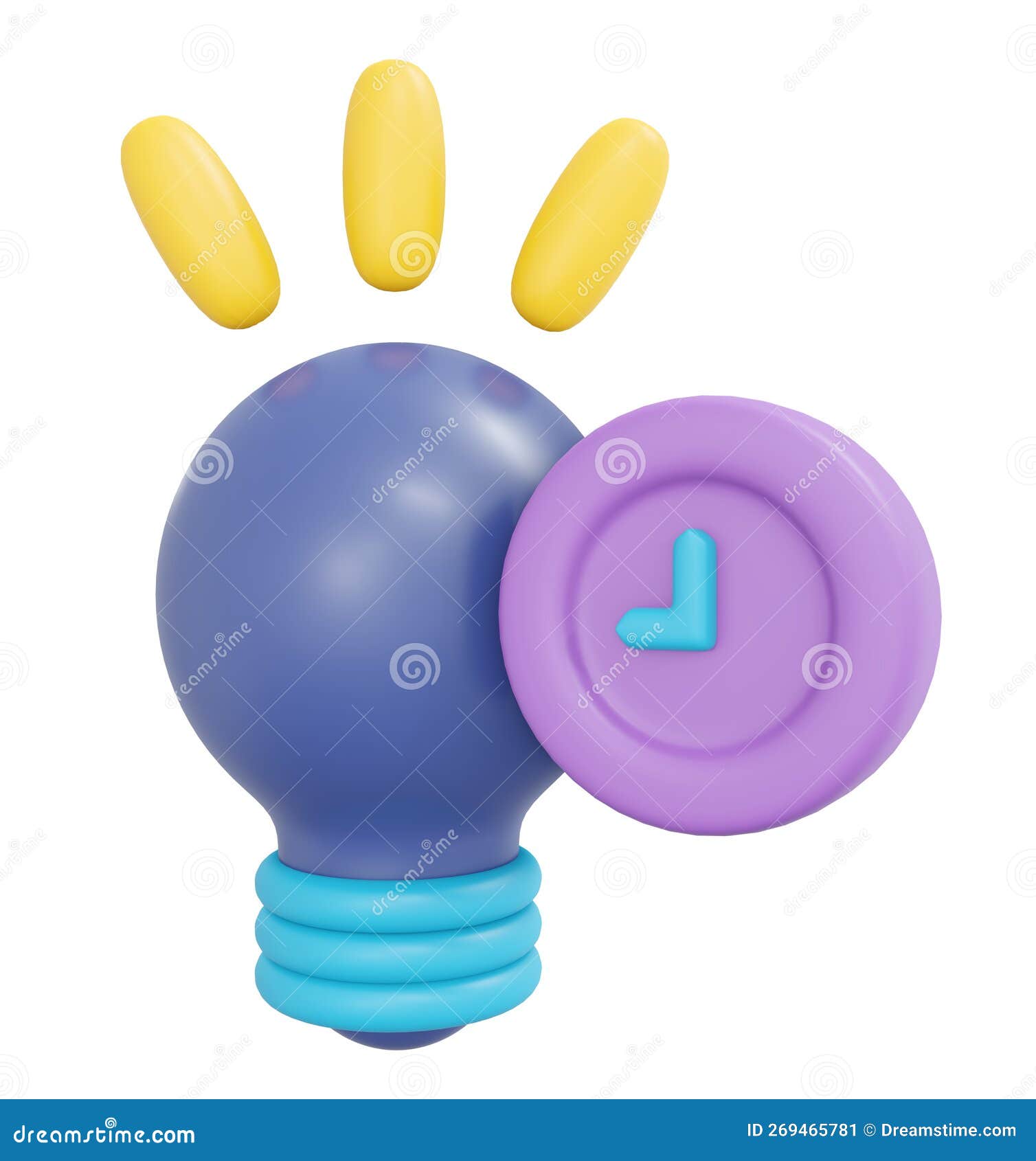 3D Rendering Bulb and Clock Creative Idea Thinking Cartoon Style. Stock ...