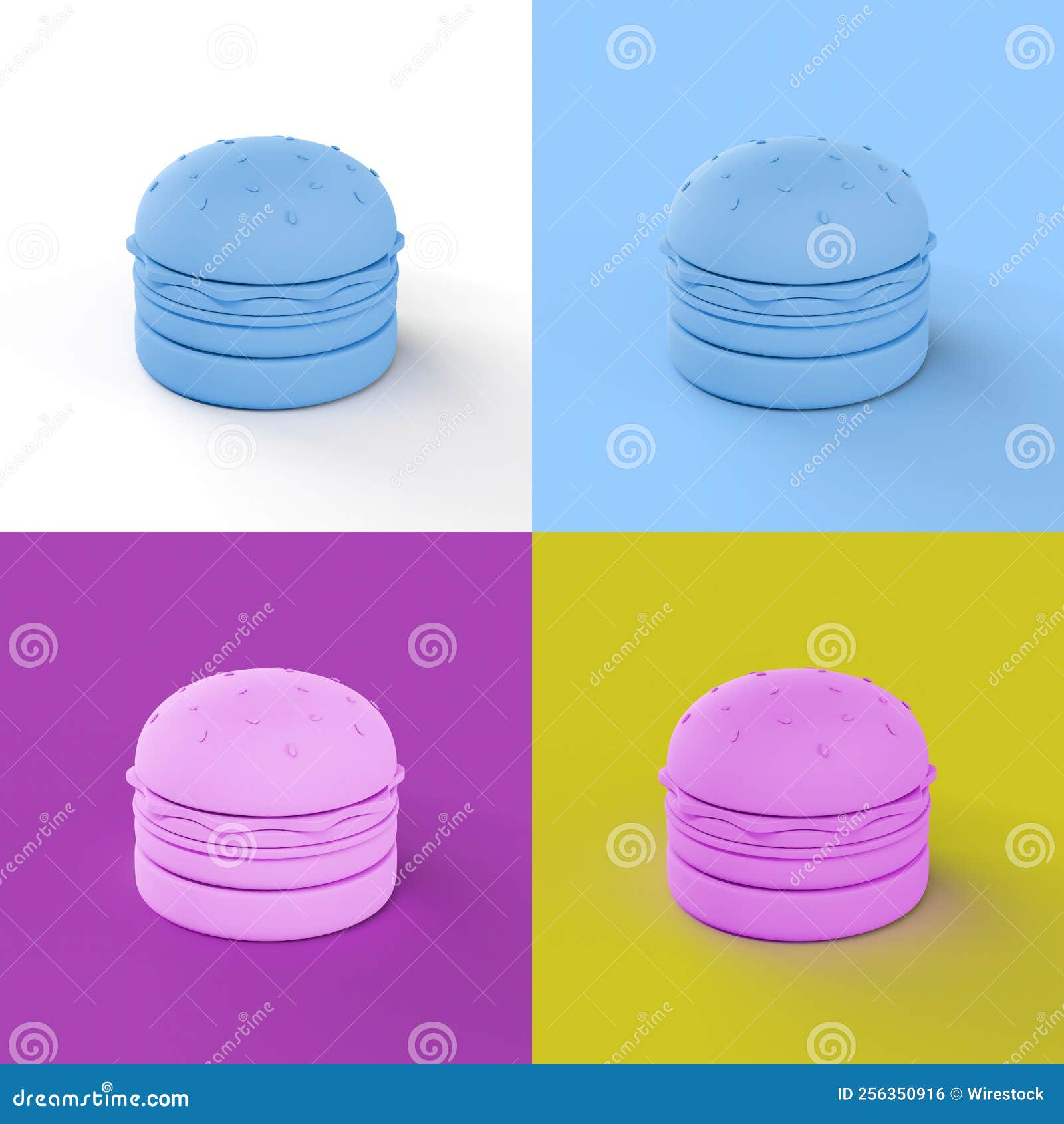 3D Rendering of a Burger Presented in Four Different Color Schemes ...
