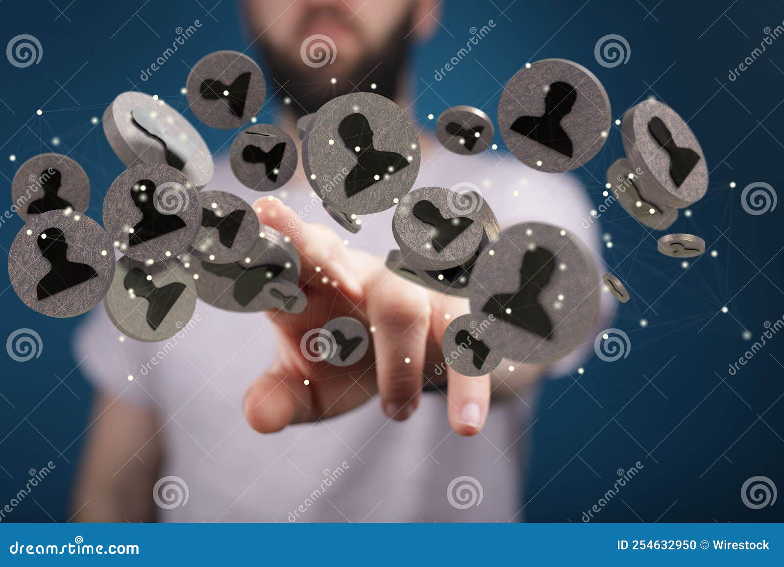 3D Rendering of a Businessman S Hand Tapping Floating People Icons ... 3D Rendering of a Businessman S Hand Tapping Floating People Icons ...