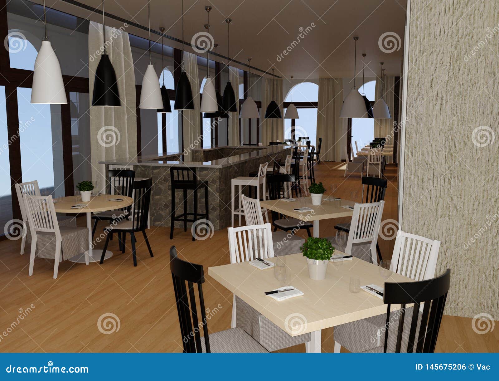 3D Rendering Cafe Dining Area Stock Photo - Image of decoration ...
