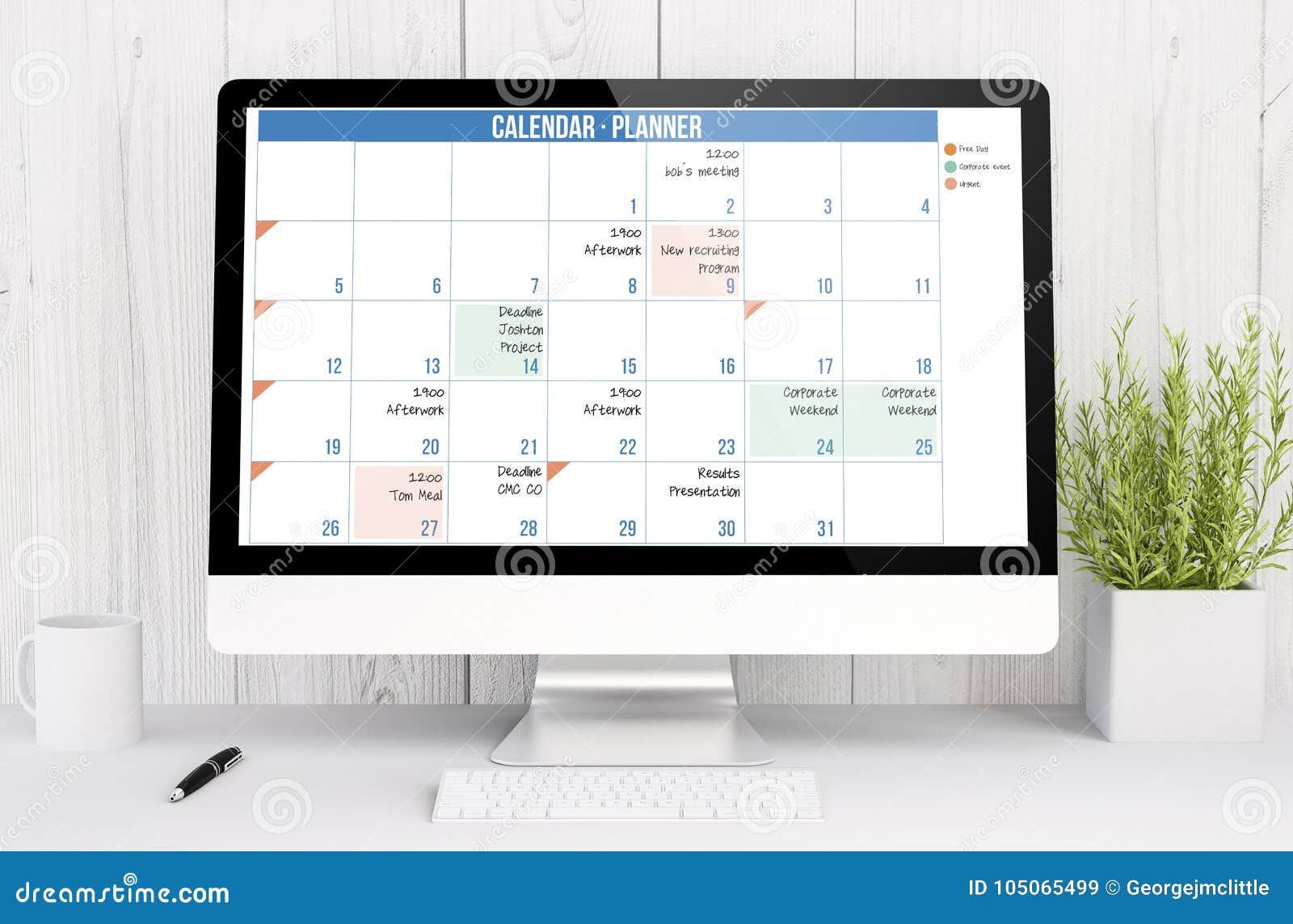 White Workspace with Computer Calendar Planner Stock Image - Image of ...