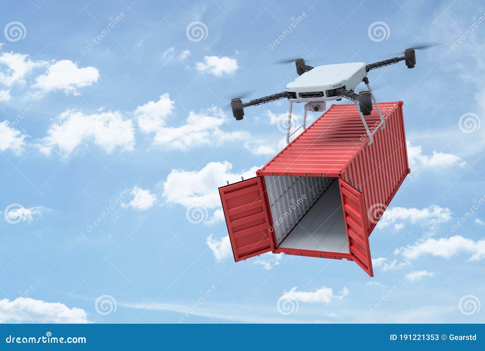 3d Rendering of Camera Quadcopter Carrying Small Open Empty Red Cargo ...