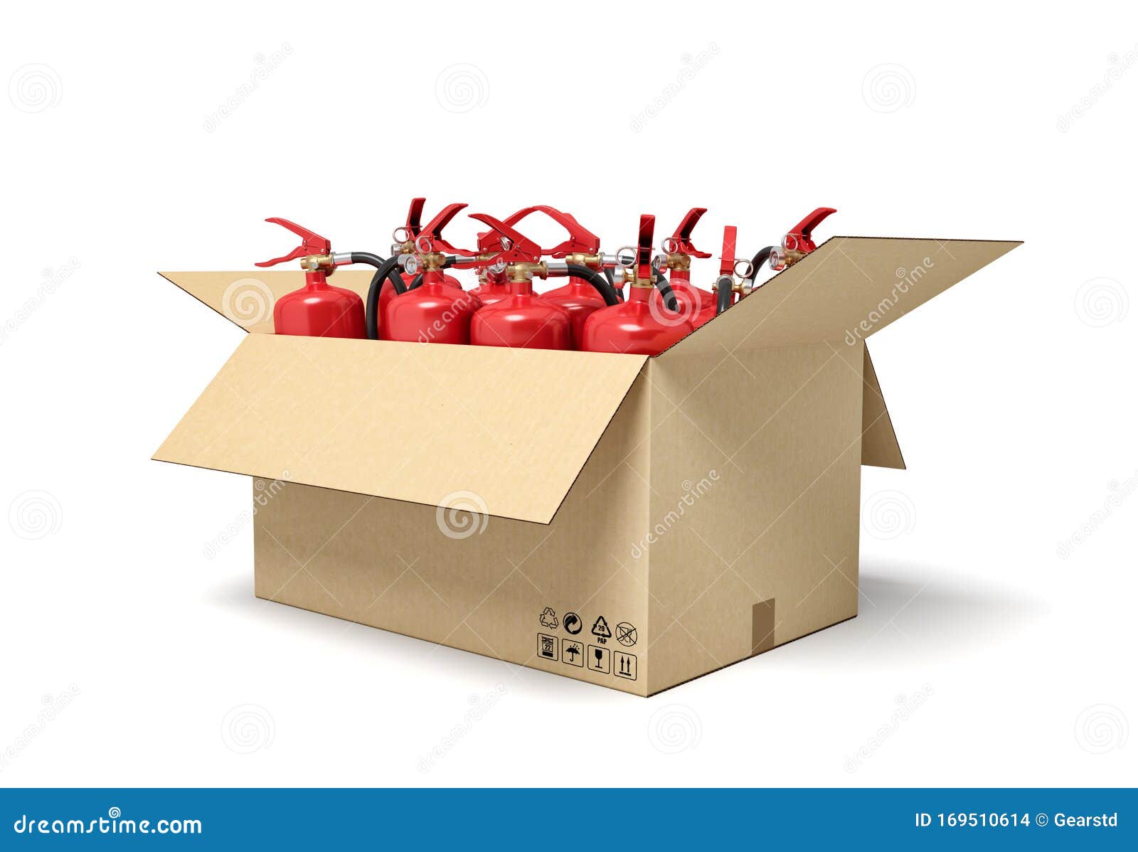 3d Rendering of Cardboard Box Full of Red Fire Extinguishers. Stock ...