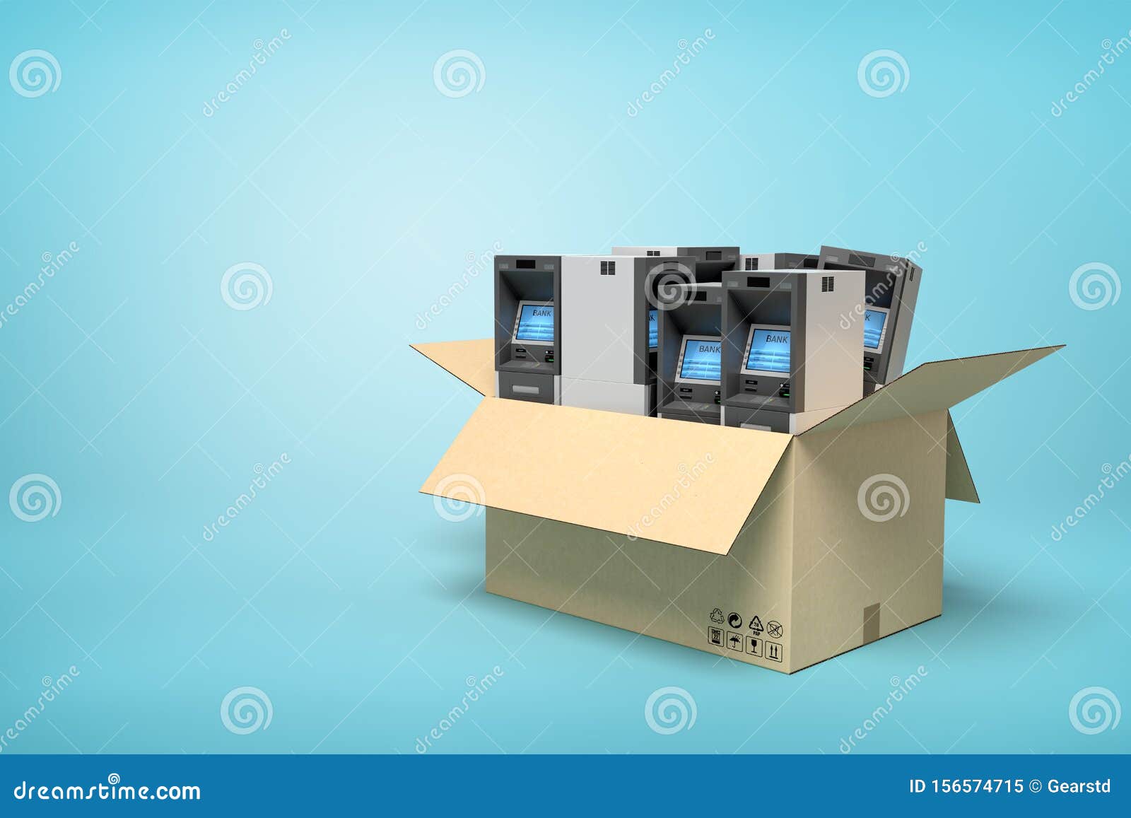3d Rendering of Cardboard Box Full of Several ATM`s on Blue Background ...