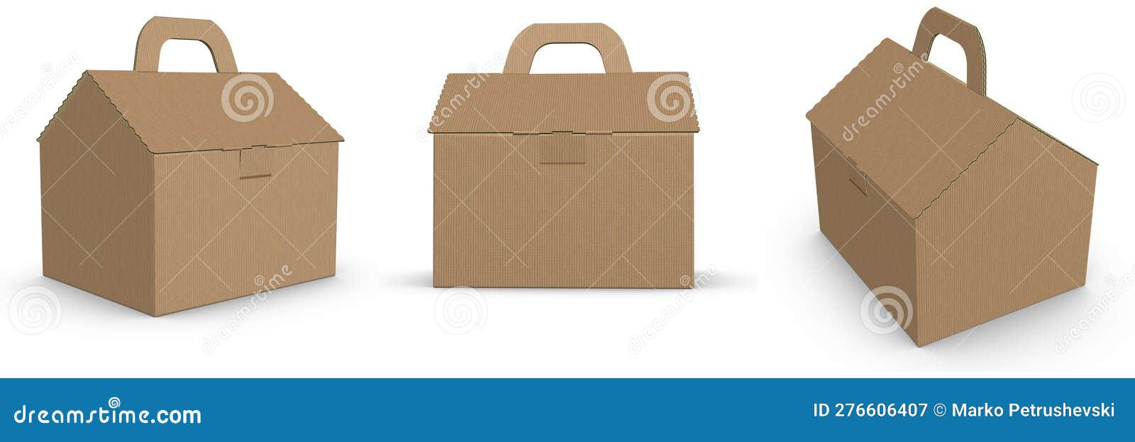 3d Rendering - Cardboard Box House, from Three View Isolated on White ...