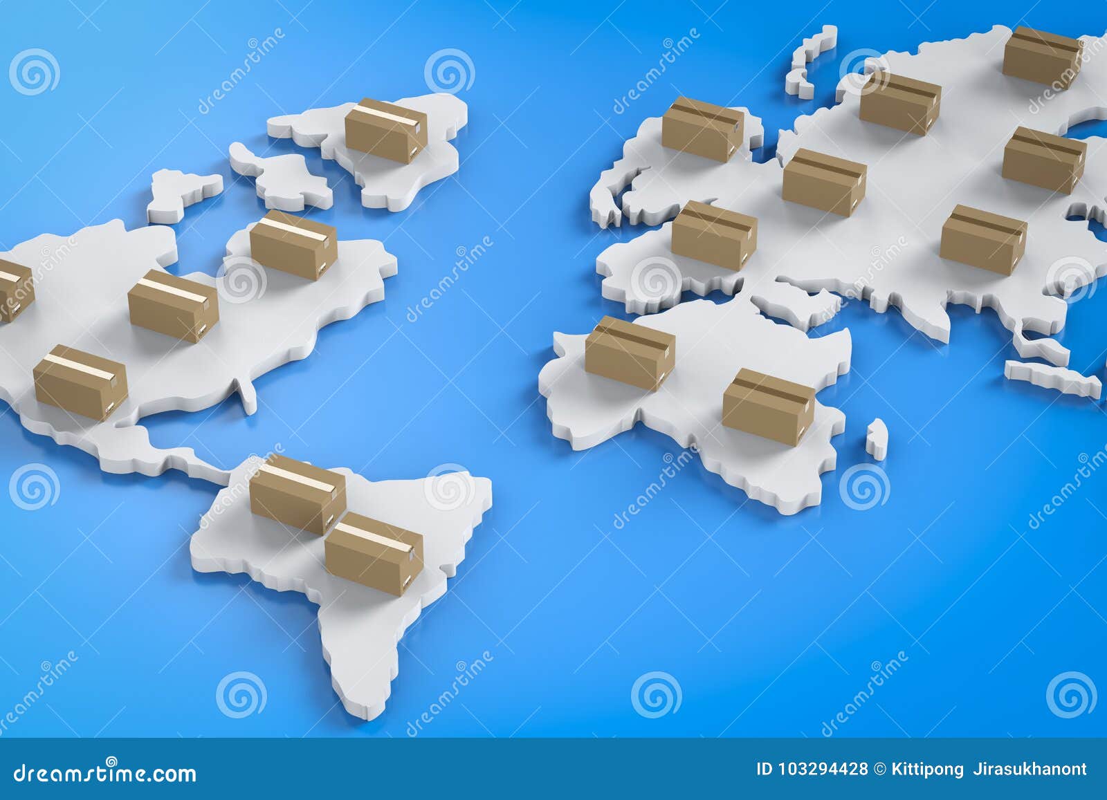 Cardboard boxes on map stock illustration. Illustration of globe ...