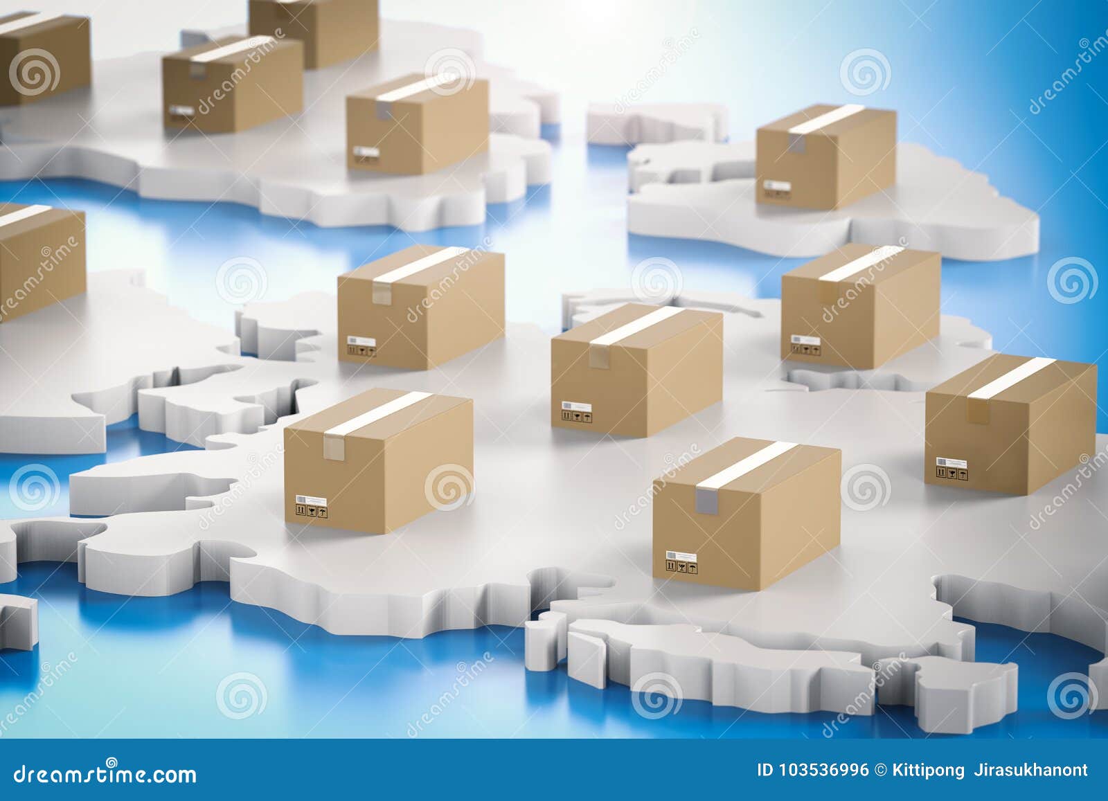 Cardboard boxes on map stock illustration. Illustration of rendering ...