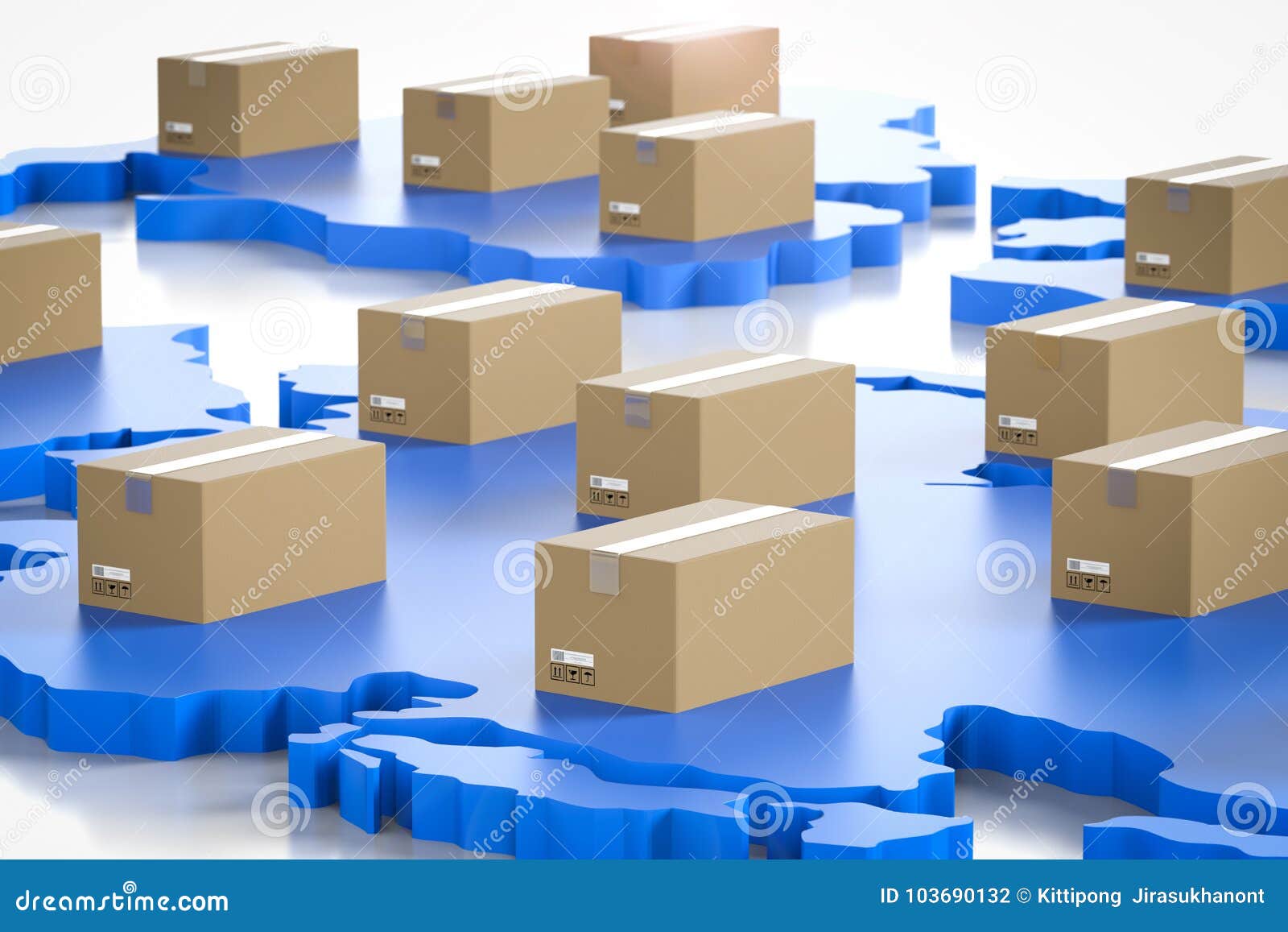 Cardboard boxes on map stock illustration. Illustration of rendering ...