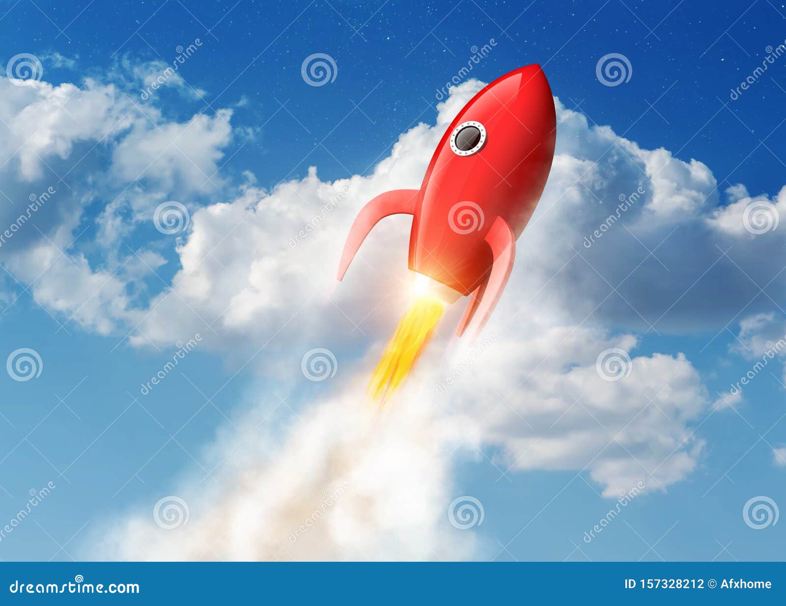 3D Rendering of Cartoon Funny Red Rocket Launching in the Clouds Stock ...