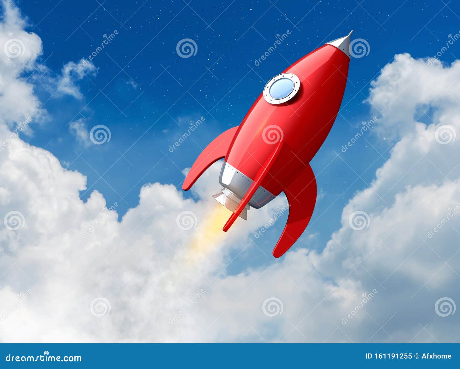 3D Rendering of Cartoon Funny Red Rocket Launching in the Clouds. Stock ...
