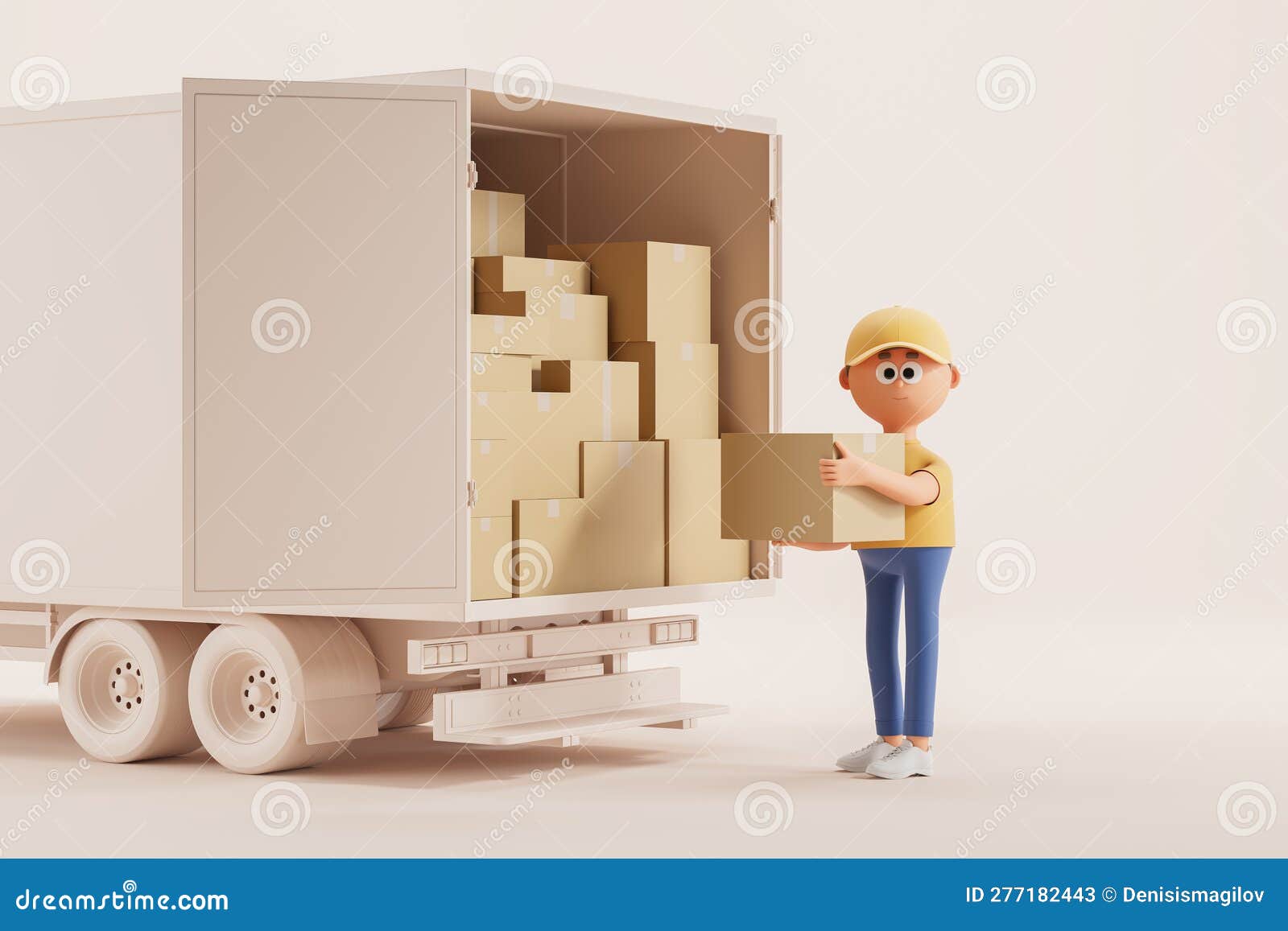 3d Rendering. Cartoon Man and Truck with Boxes, Loader and Delivery Service Stock Illustration ...